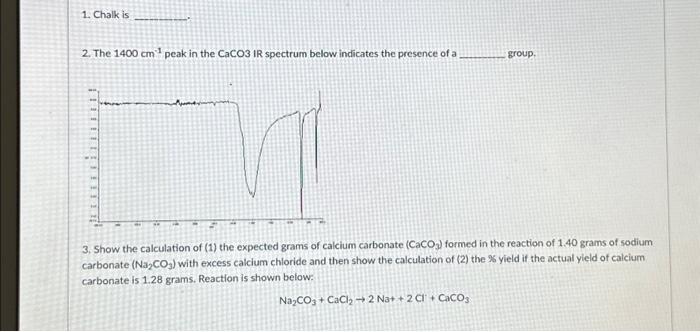 Solved 1. Chalk is 2. The 1400 cm¹ peak in the CaCO3 IR | Chegg.com