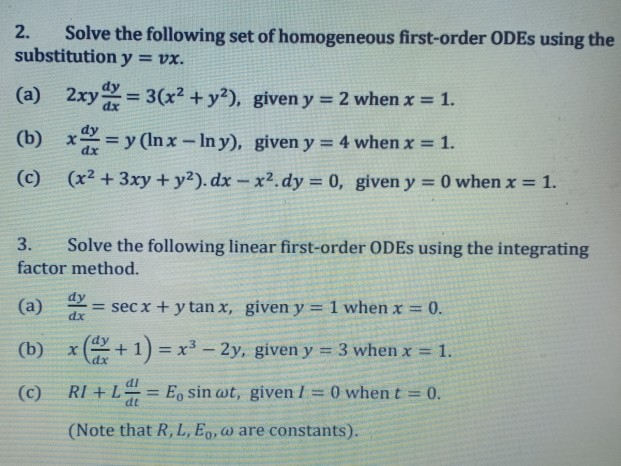 Solved 2. Solve the following set of homogeneous first-order | Chegg.com