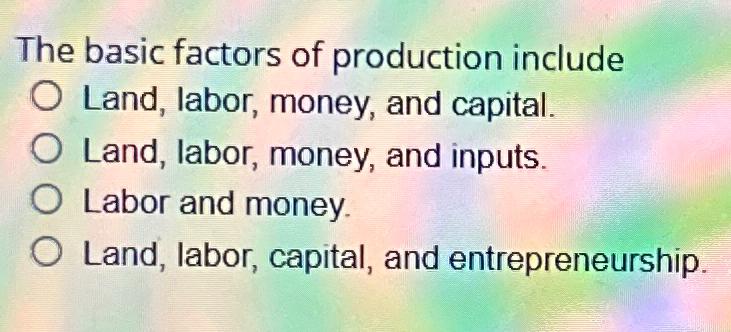 Solved The basic factors of production includeLand, labor, | Chegg.com