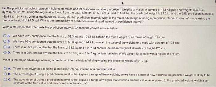 Solved Let the predictor variable x represent heights of | Chegg.com