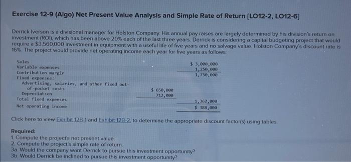 Solved Exercise 12-9 (Algo) Net Present Value Analysis and | Chegg.com
