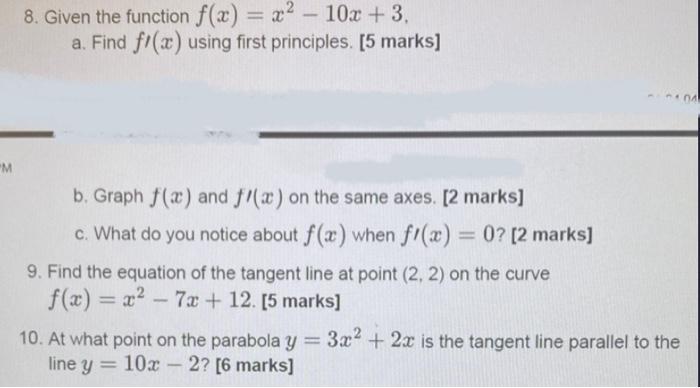 Solved 8. Given the function f(x)=x2−10x+3, a. Find f′(x) | Chegg.com