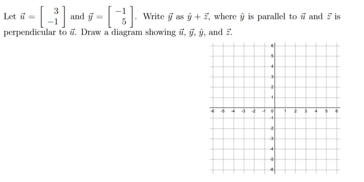 Solved Let vec(u)=[3-1] ﻿and vec(y)=[-15]. ﻿Write vec(y) as | Chegg.com