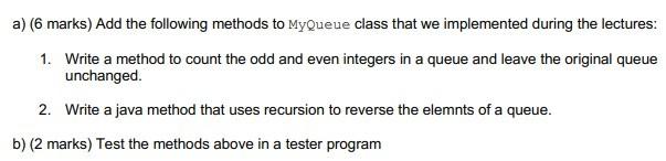 Solved a) (6 marks) Add the following methods to MyQueue | Chegg.com
