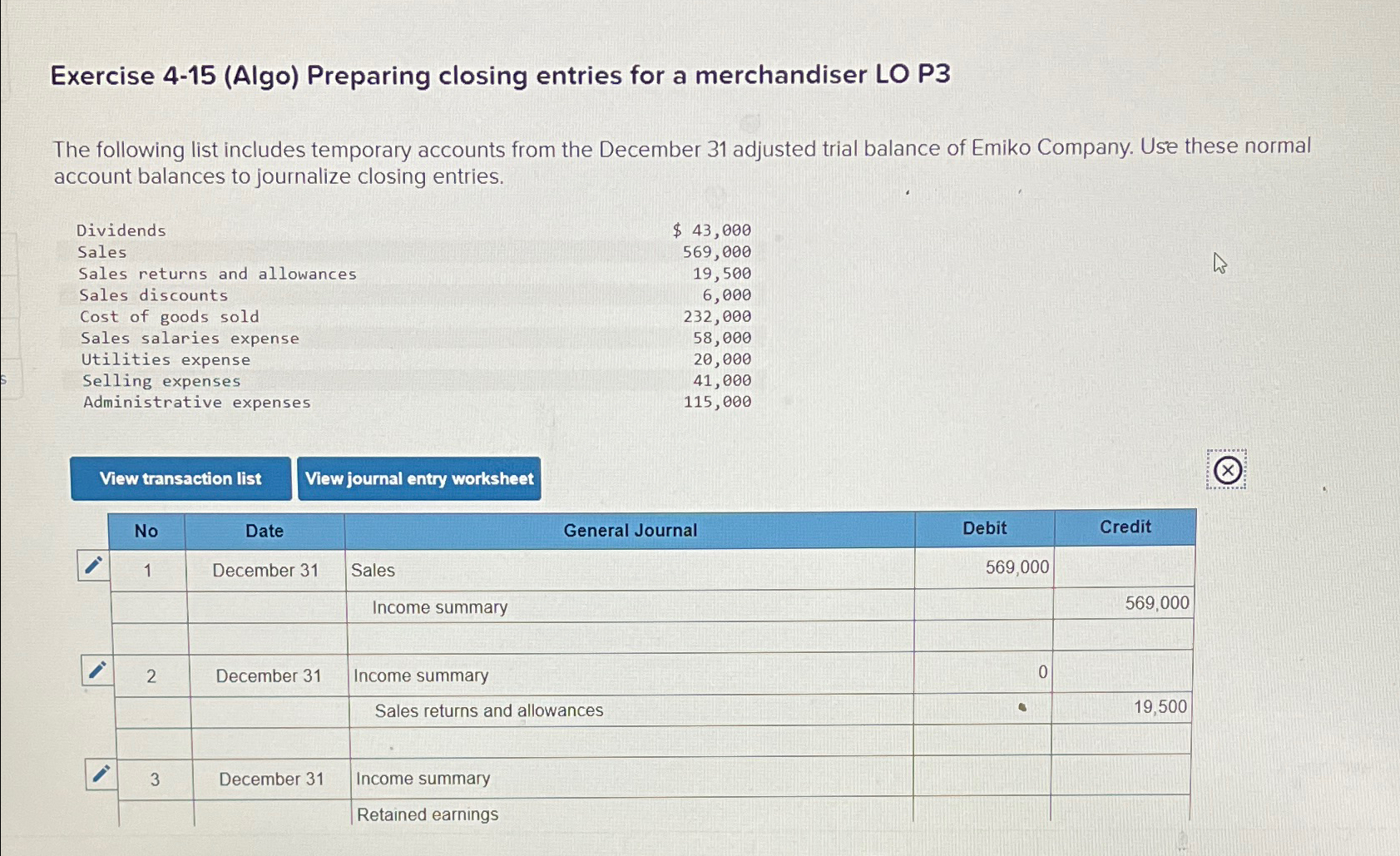 Solved Exercise 4-15 (Algo) ﻿Preparing closing entries for a | Chegg.com