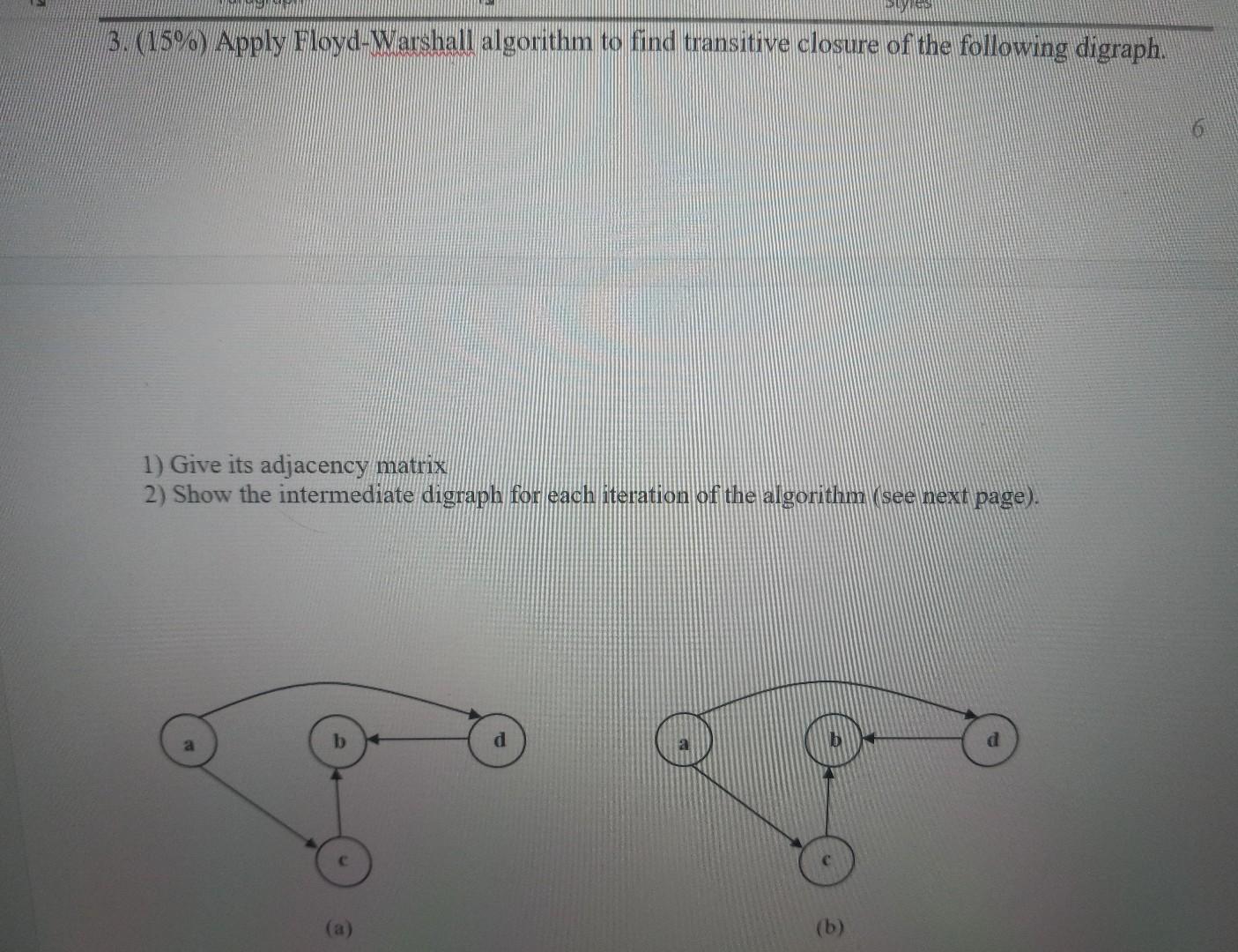 3. (15\%) Apply Floyd-Warshall algorithm to find | Chegg.com 3. (15\%) Apply Floyd-Warshall algorithm to find | Chegg.com