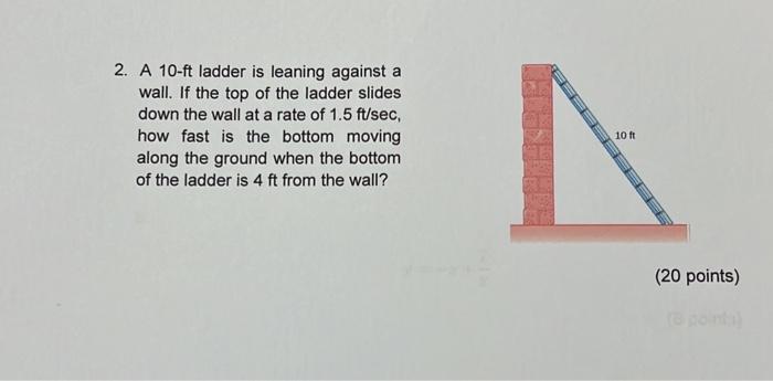Solved 2. A 10-ft ladder is leaning against a wall. If the | Chegg.com