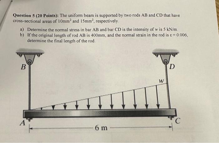 Solved Question 5 (20 Points): The uniform beam is supported | Chegg.com
