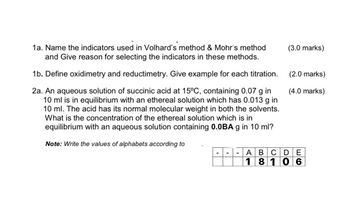 Solved (3.0 marks) 1a. Name the indicators used in Volhard's | Chegg.com