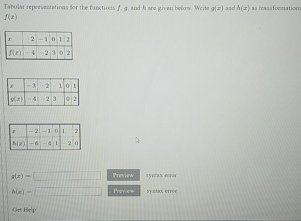 Solved Tabular representations for the functions f, g, and h | Chegg.com