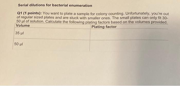 Solved Serial dilutions for bacterial enumeration Q1 (1 | Chegg.com