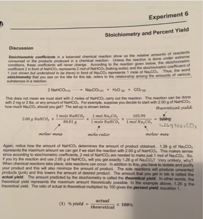 Solved Experiment 6 Stoichiometry and Percent Yield | Chegg.com