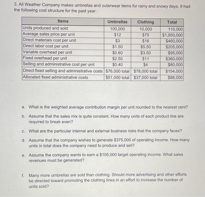 Solved 3. All Weather Company makes umbrellas and outerwear | Chegg.com