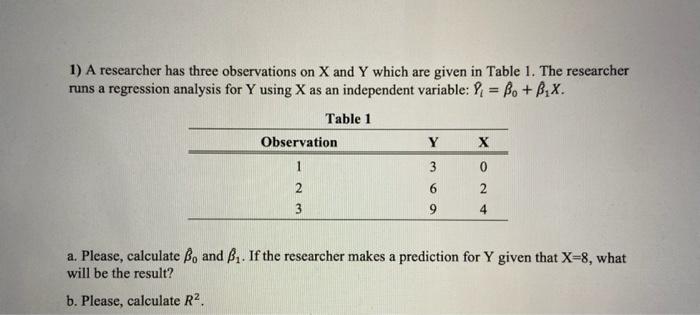 Solved 1) A researcher has three observations on X and Y | Chegg.com