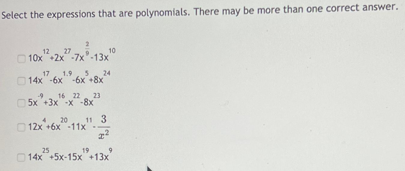 Solved Select the expressions that are polynomials. There | Chegg.com