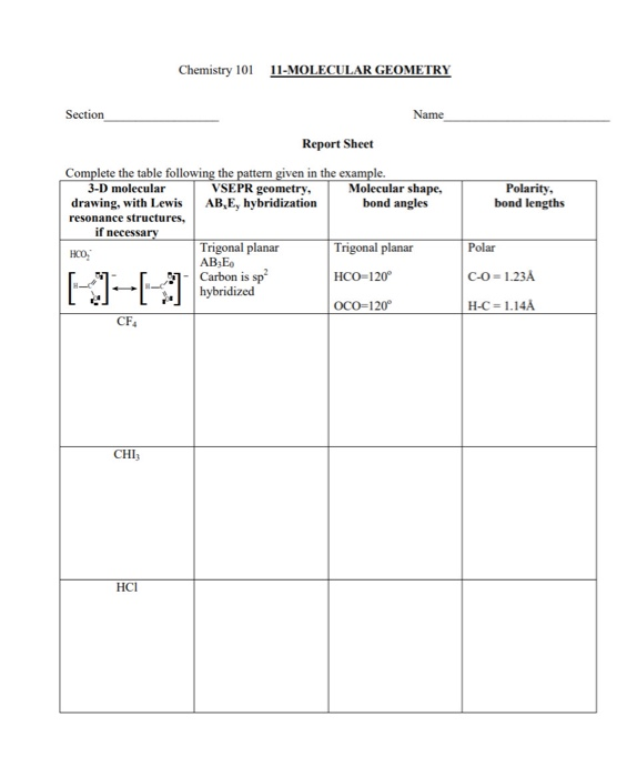 Solved Chemistry 101 11-MOLECULAR GEOMETRY Section Name | Chegg.com