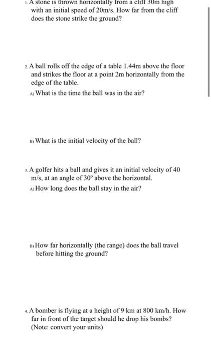 Solved 1. A stone is thrown horizontally from a cliff 50 m | Chegg.com