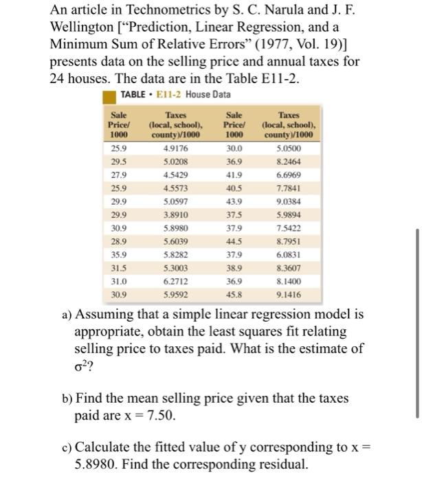 Solved An article in Technometrics by S. C. Narula and J. F. | Chegg.com