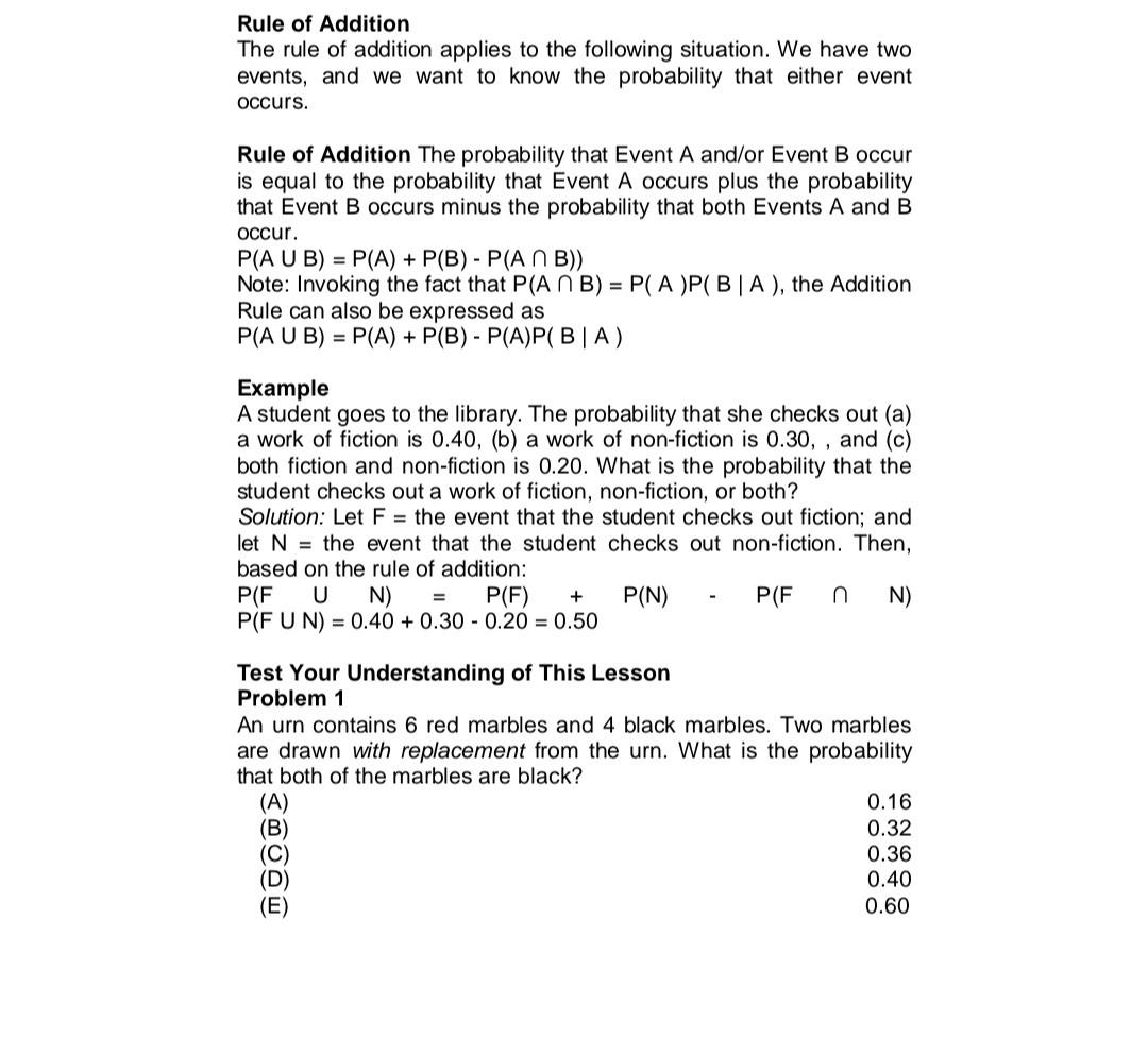 Solved Rule of Addition The rule of addition applies to the | Chegg.com