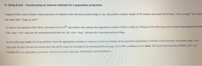 8. Using Excel - Constructing an interval estimate | Chegg.com