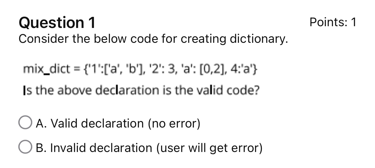Solved Question 1Points: 1Consider the below code for | Chegg.com