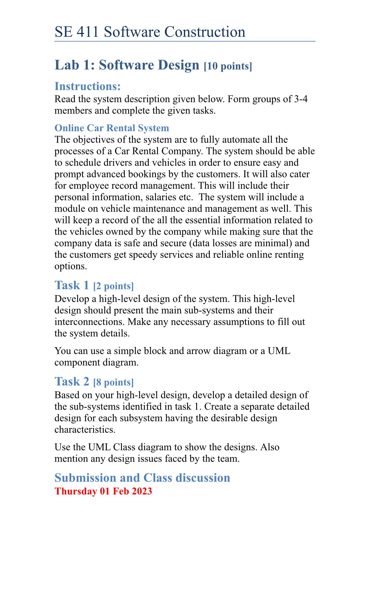 Solved SE 411 ﻿Software ConstructionLab 1: Software Design | Chegg.com