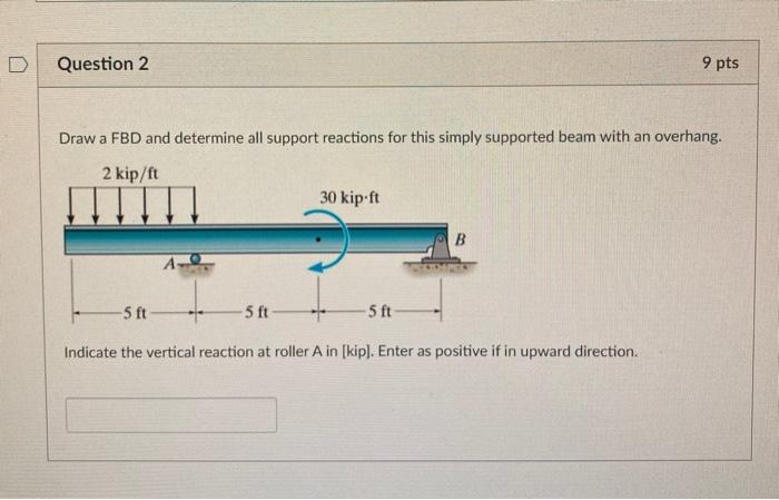 Solved Question 2 9 pts Draw a FBD and determine all support | Chegg.com