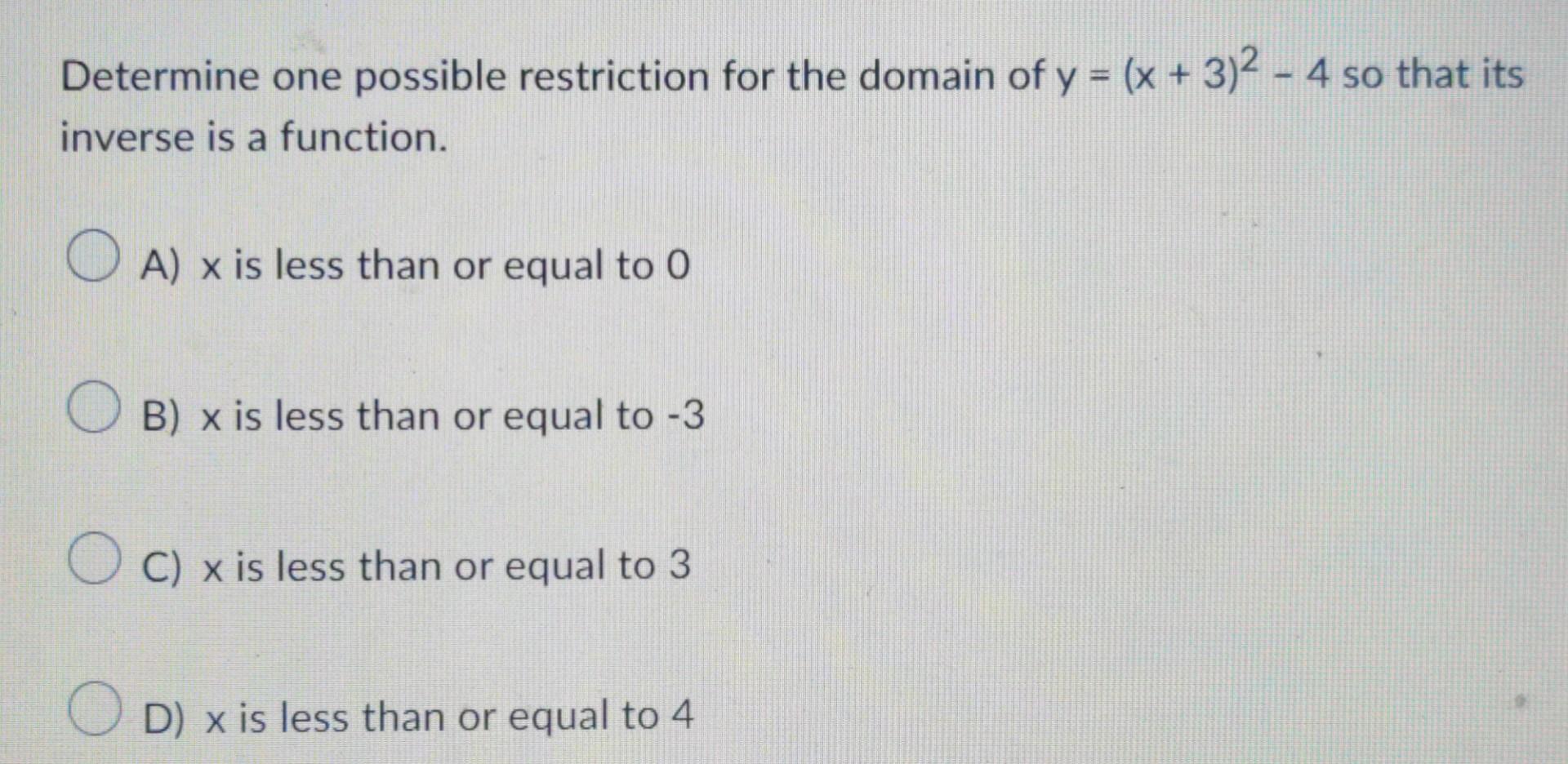 Solved Determine one possible restriction for the domain of | Chegg.com