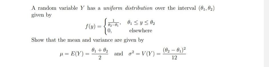 Solved A random variable Y has a uniform distribution over | Chegg.com