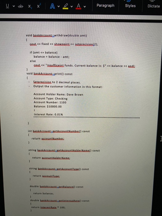 Solved Define the class bankAccount to implement the basic | Chegg.com