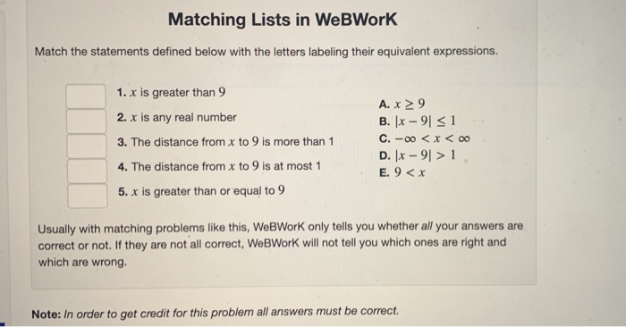 Solved Matching Lists in WeBWork Match the statements | Chegg.com