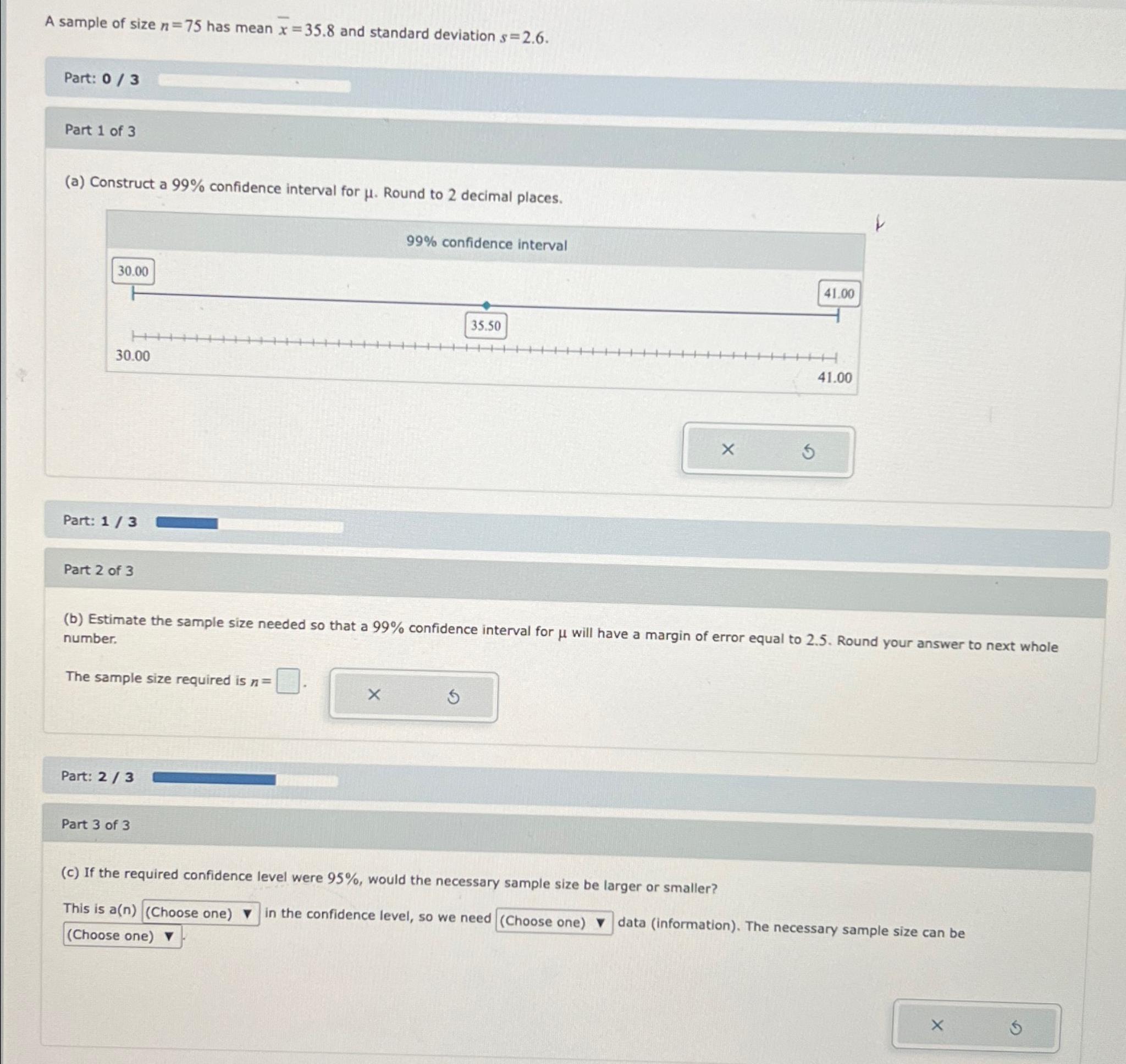 Solved A sample of size n=75 ﻿has mean x‾=35.8 ﻿and standard | Chegg.com