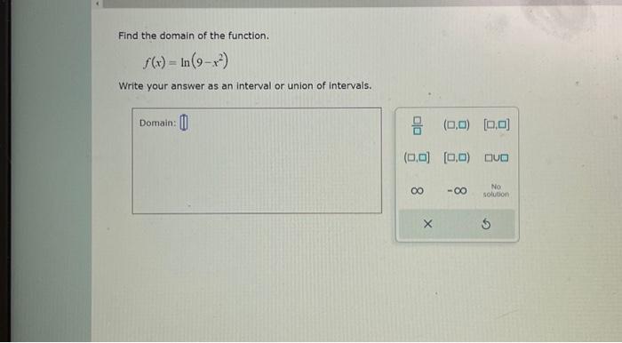 Solved Find the domain of the function. f(x)=ln(9−x2) Write | Chegg.com