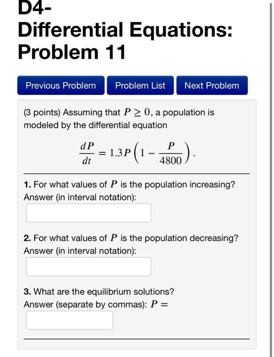 Solved D4- Differential Equations: Problem 11 (3 points) | Chegg.com
