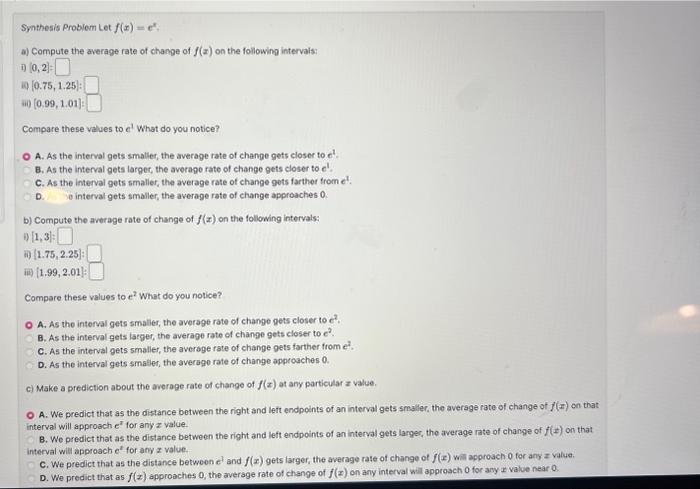 Solved Synthesis Probiem Let f(x)=ex. a) Compute the average | Chegg.com