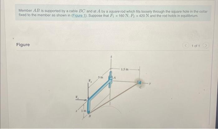 [Solved]: Member ( A B ) is supported by a cable ( B C