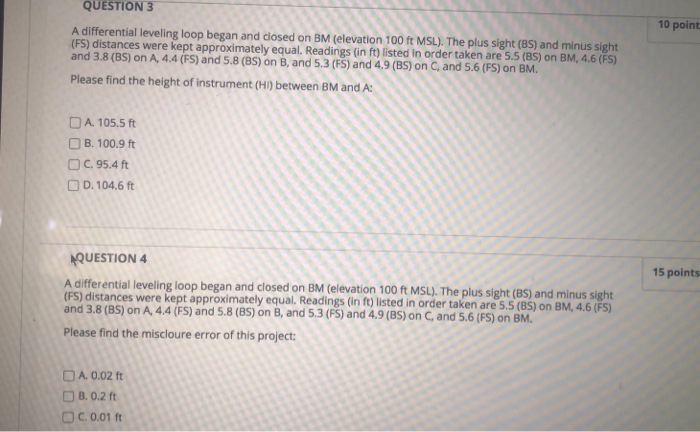Solved 10 point QUESTION 3 A differential leveling loop | Chegg.com