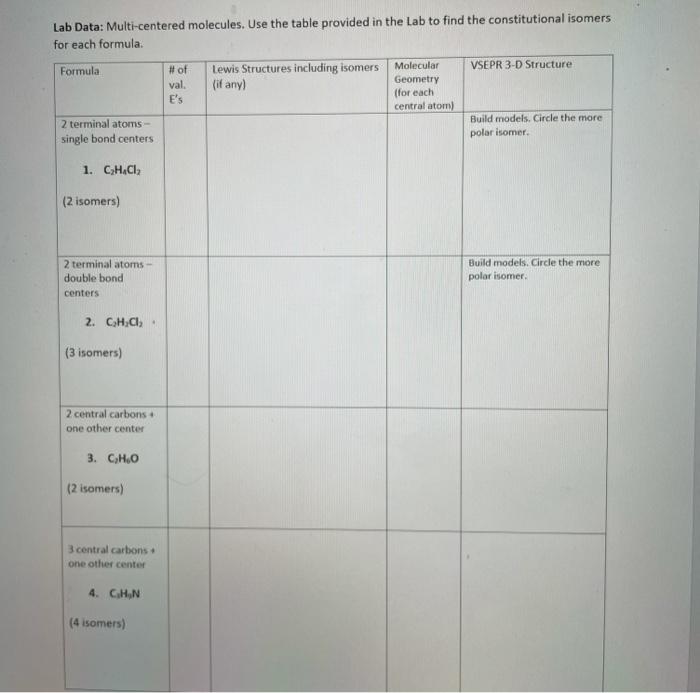Solved Lab Data: Multi-centered molecules. Use the table | Chegg.com