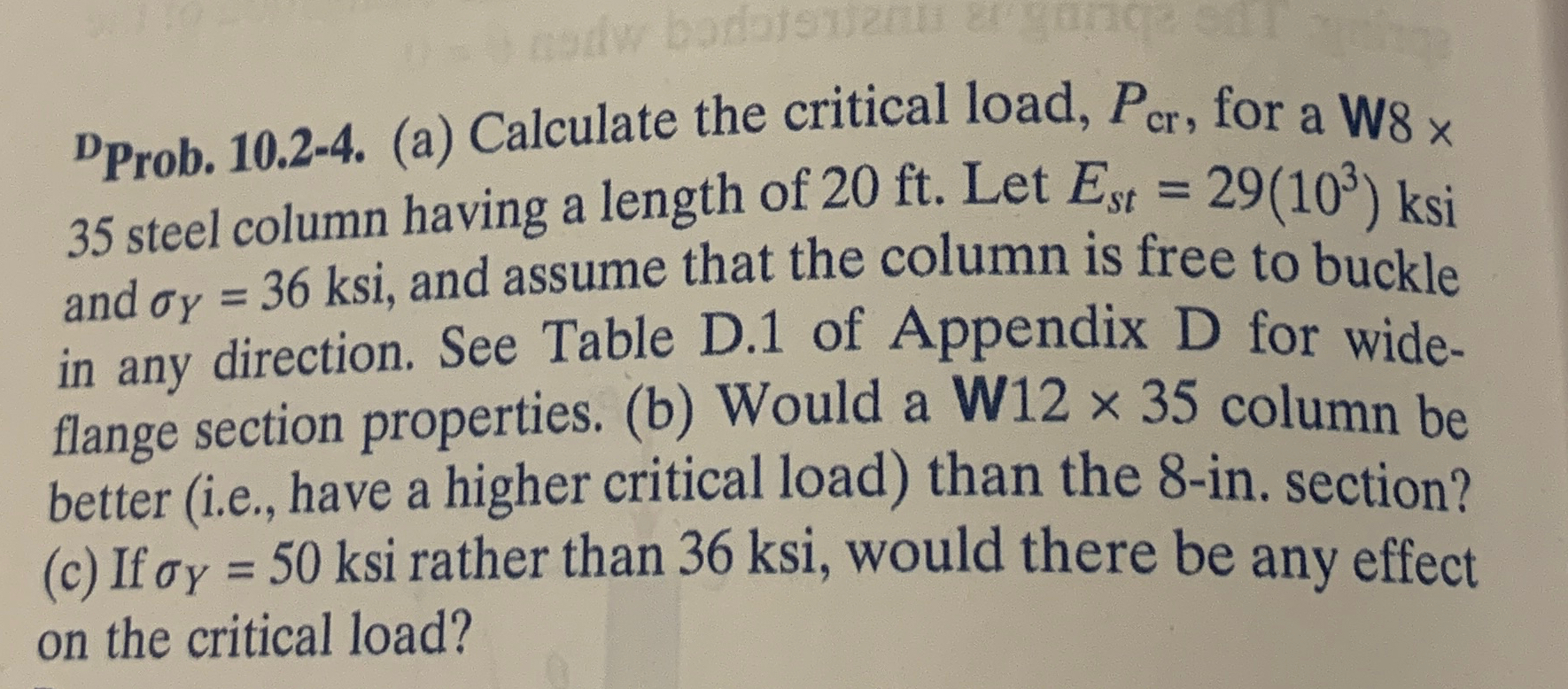 Solved ?D ﻿Prob. 10.2-4. (a) ﻿Calculate the critical load, | Chegg.com