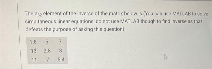 Solved The a32 element of the inverse of the matrix below is | Chegg.com