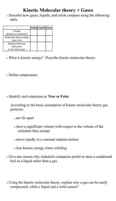 Solved Kinetic Molecular theory + Gases Describe how gases, | Chegg.com