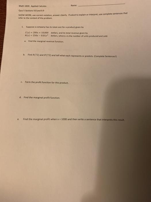 Solved Math 1830: Applied Calculus Name Quis 5 Sections 9.8 | Chegg.com