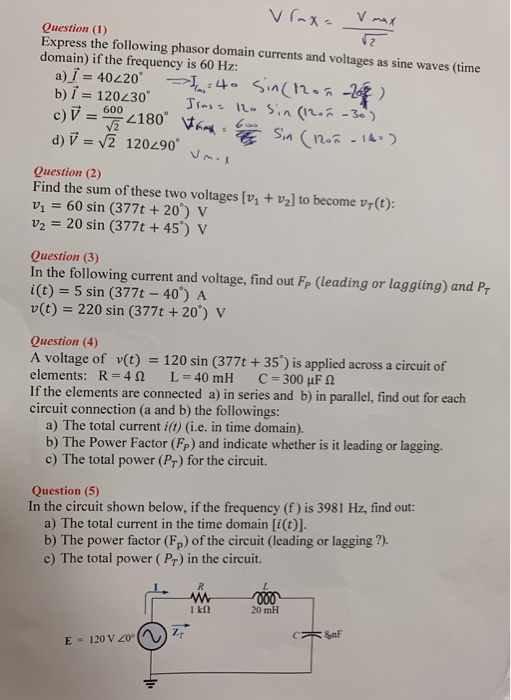 Solved Vrax= v max Question (1) Express the following phasor | Chegg.com