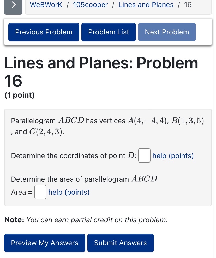 Solved WeBWork / 105cooper / ﻿Lines and Planes / 16Lines and | Chegg.com