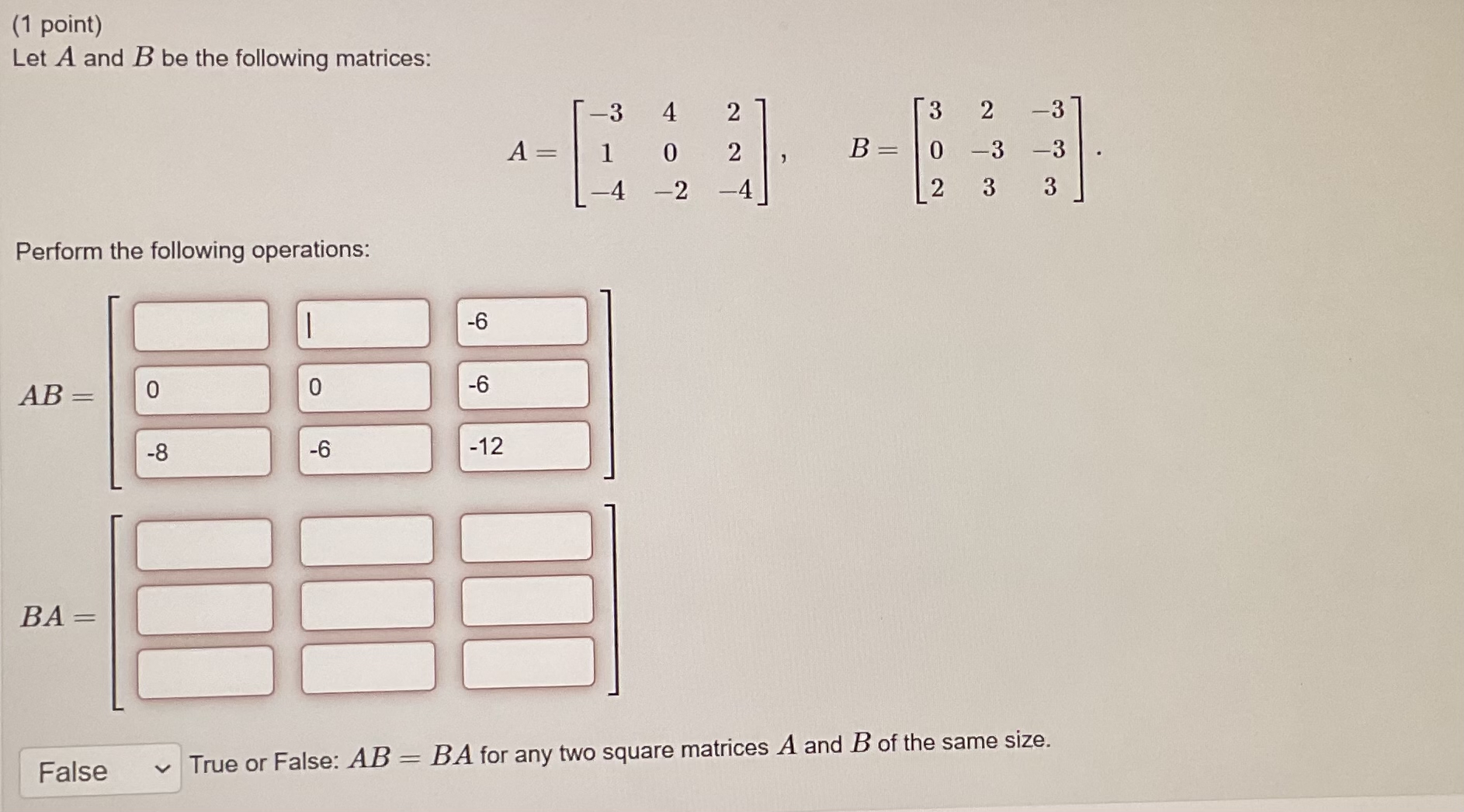 Solved (1 ﻿point)Let A and B ﻿be the following | Chegg.com