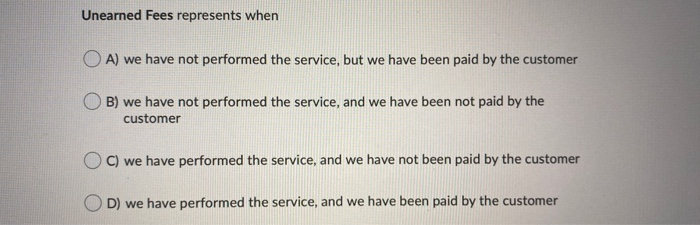 Solved Unearned Fees represents when OA) we have not | Chegg.com
