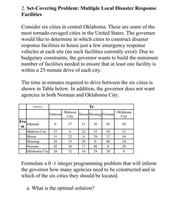 Solved 2. Set-Covering Problem: Multiple Local Disaster | Chegg.com