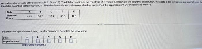 Solved Determine the apportionment using Hamilton's method. | Chegg.com