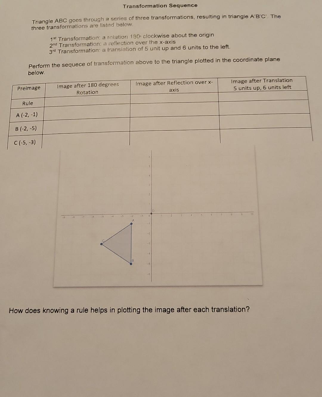 Sequence of Transformations Example \#1: Translate | Chegg.com