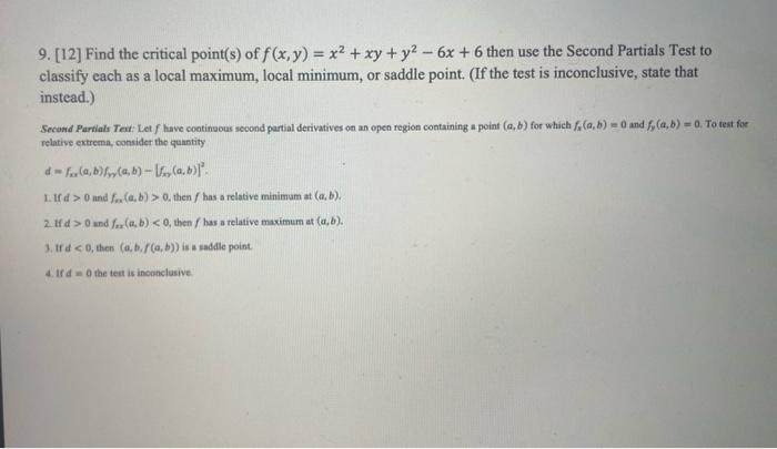 Solved 9. [12] Find the critical point(s) of | Chegg.com